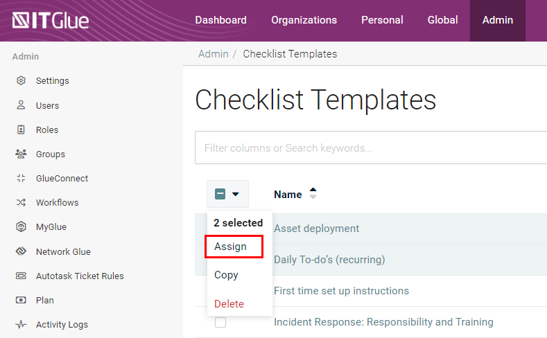 Assigning and importing checklist templates to organizations